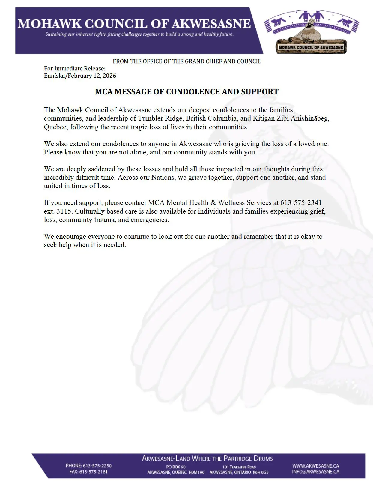 MCA MESSAGE OF CONDOLENCE AND SUPPORT