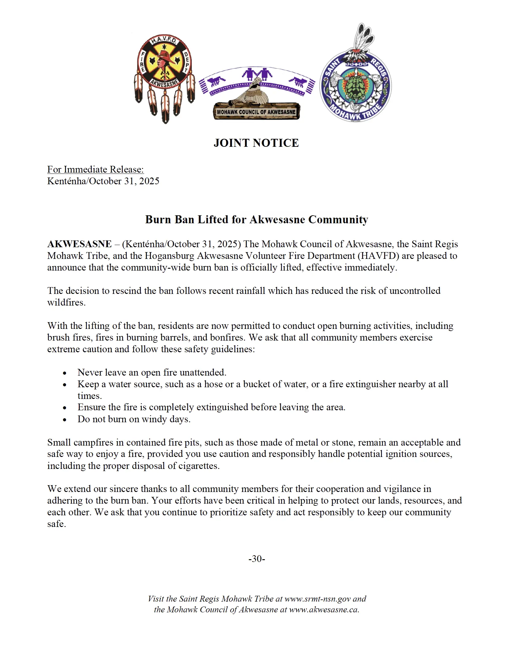 BURN BAN LIFTED FOR AKWESASNE COMMUNITY