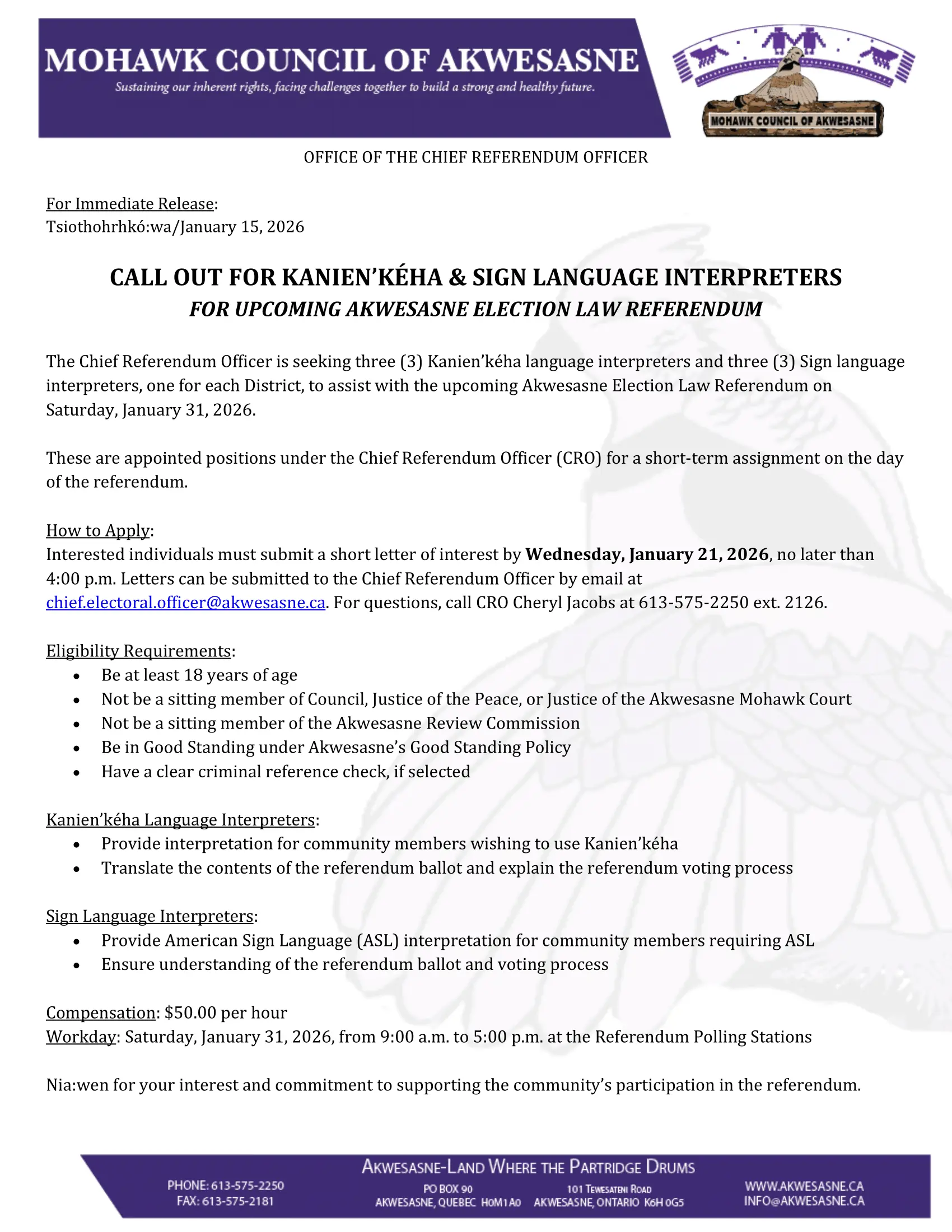 CALL OUT FOR KANIEN’KÉHA & SIGN LANGUAGE INTERPRETERS