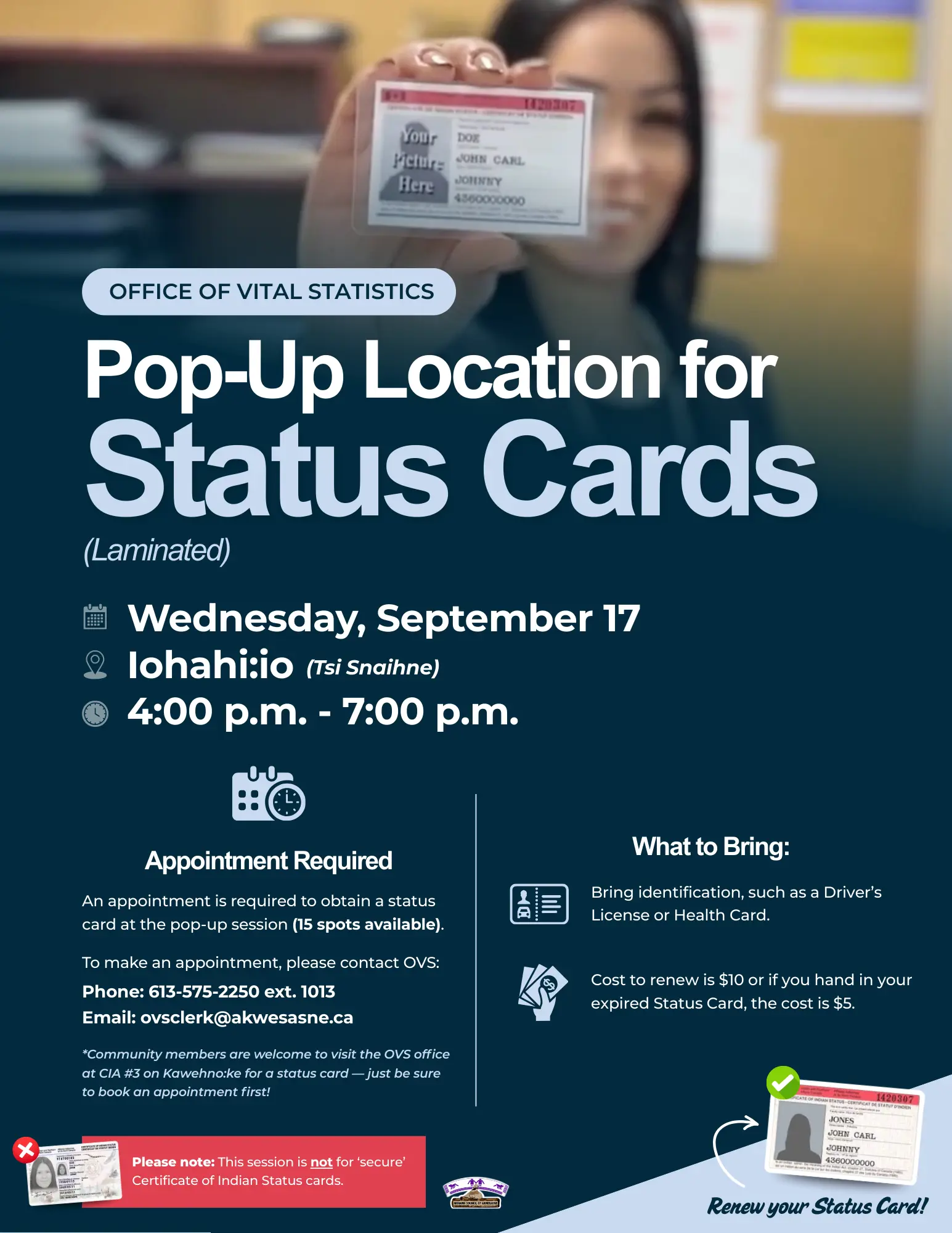 OVS POP-UP LOCATION FOR STATUS CARDS | Mohawk Council of Akwesasne
