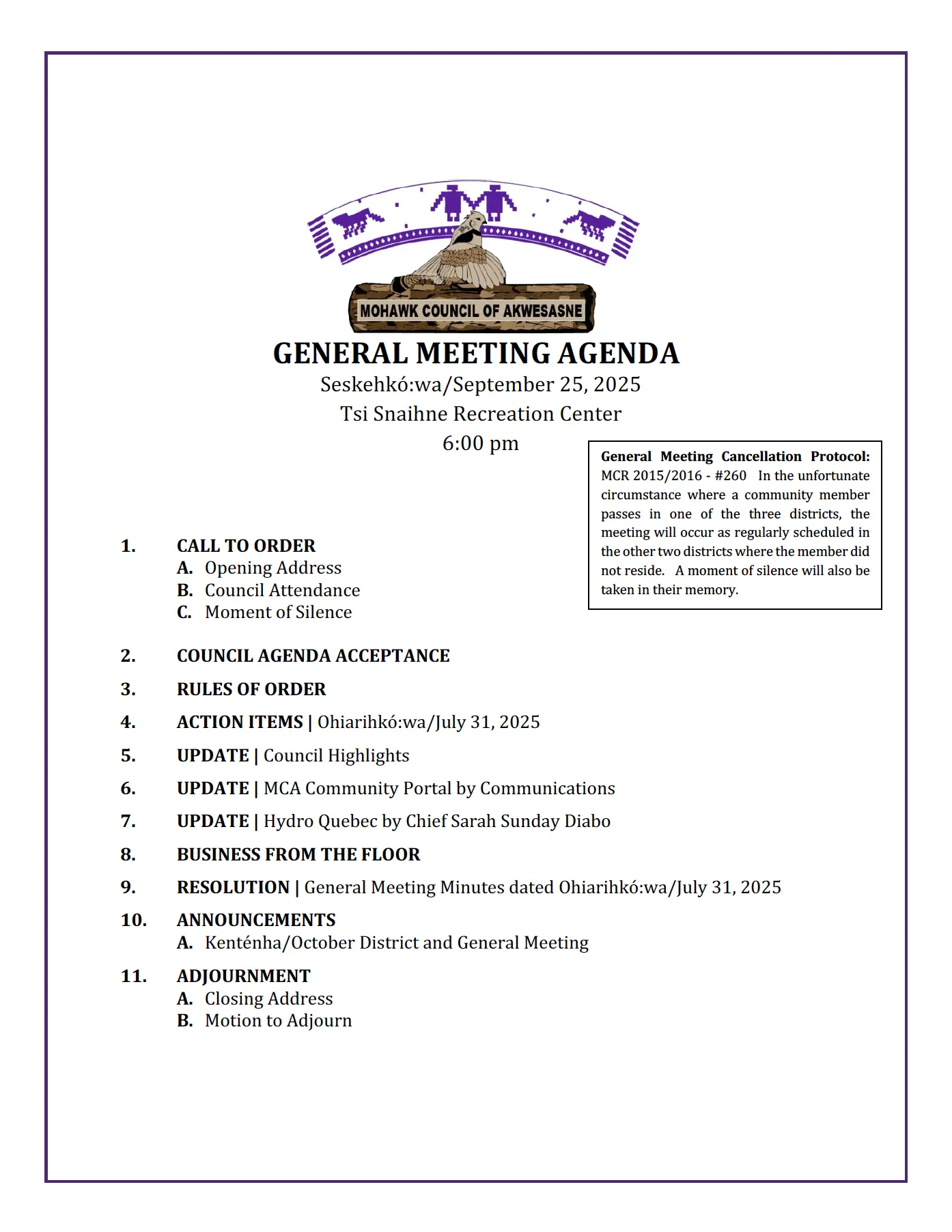 MCA GENERAL MEETING AGENDA — SEPTEMBER 2025 | Mohawk Council of Akwesasne