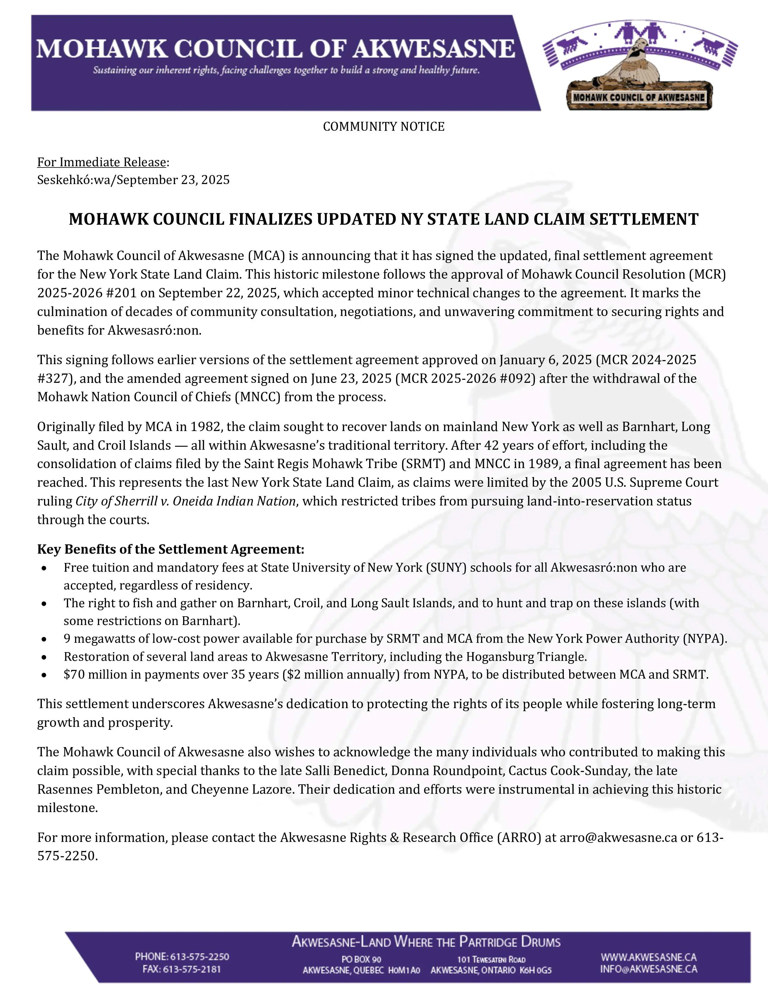 MOHAWK COUNCIL FINALIZES UPDATED NY STATE LAND CLAIM SETTLEMENT | Mohawk Council of Akwesasne