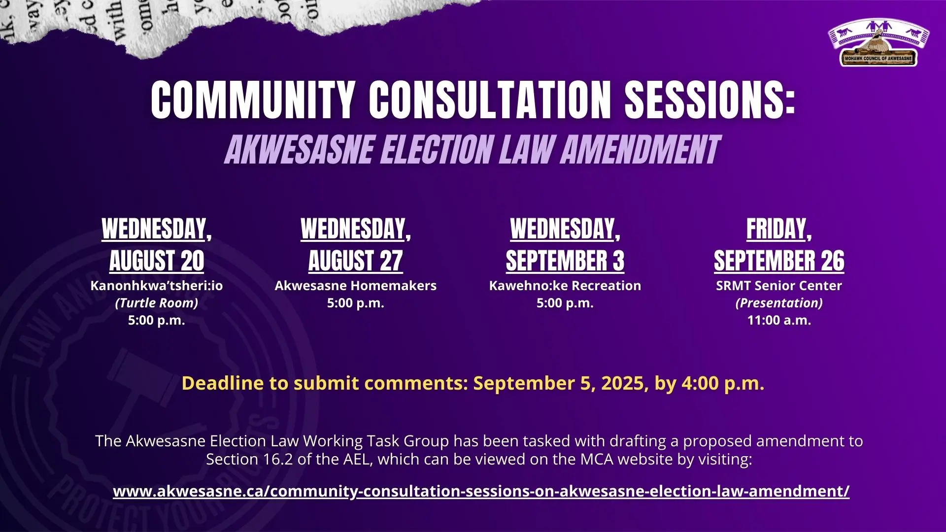 COMMUNITY CONSULTATION SESSIONS ON AKWESASNE ELECTION LAW AMENDMENT | Mohawk Council of Akwesasne