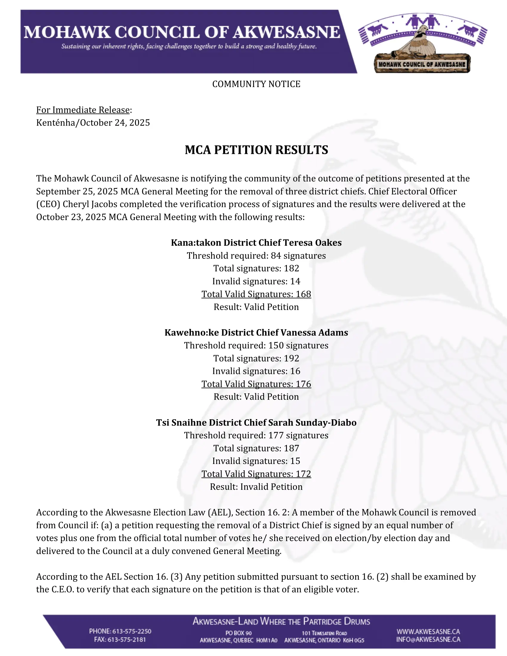 MCA PETITION RESULTS